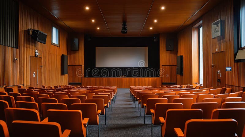 Empty Lecture Hall, Wooden Paneling, Screen, City View Stock ...