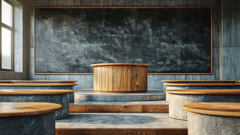 Empty Lecture Hall with a Wooden Podium and Chalkboard in Front of the ...