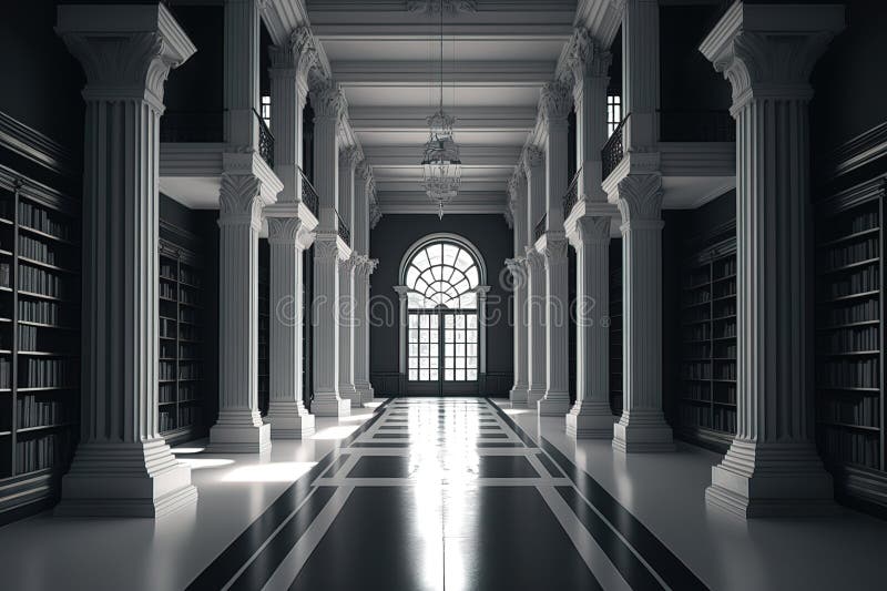 An Empty Library with Columns and a Large Window Stock Illustration ...