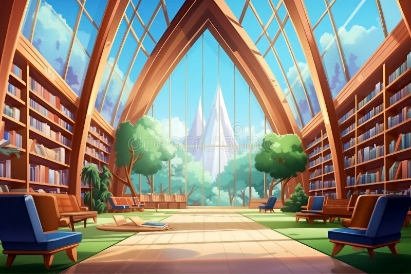 Empty Library Interior with Bookshelves and Trees Illustration AI ...