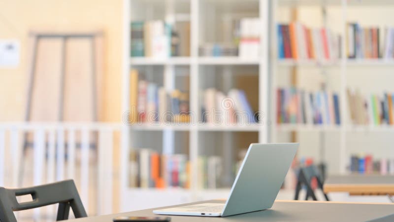 Empty Library with Open Laptop on Desk Stock Image - Image of trader ...