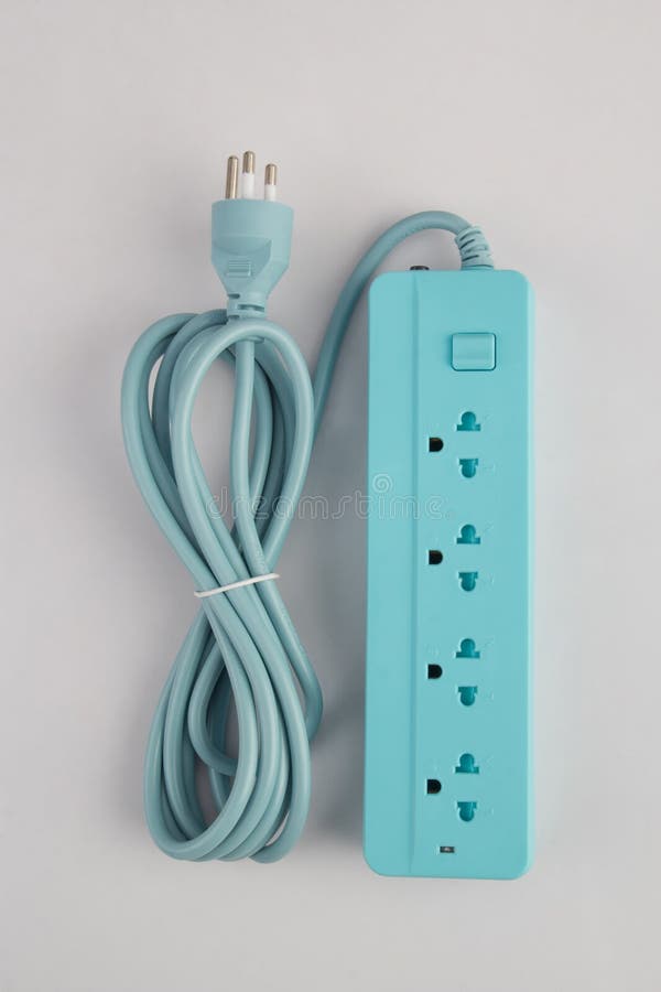 Empty Light Blue Electric Plug, Four Sockets Isolated on White Stock ...