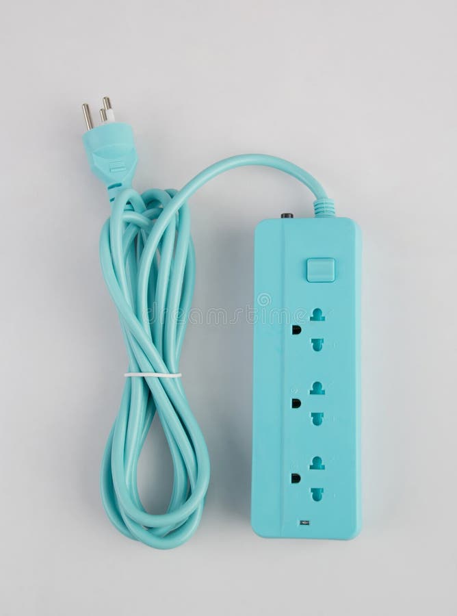 Empty Light Blue Electric Plug, Three Sockets with Long Cable Isolated ...
