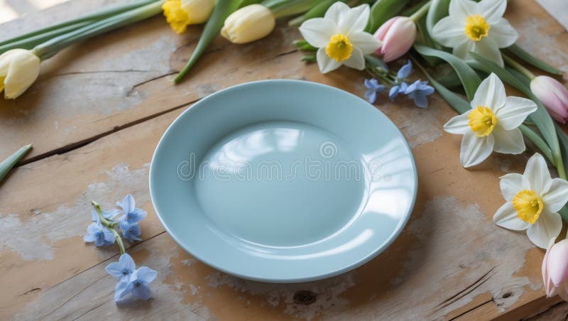 Empty Light Blue Plate on Wooden Table with Spring Flowers - a Peaceful ...
