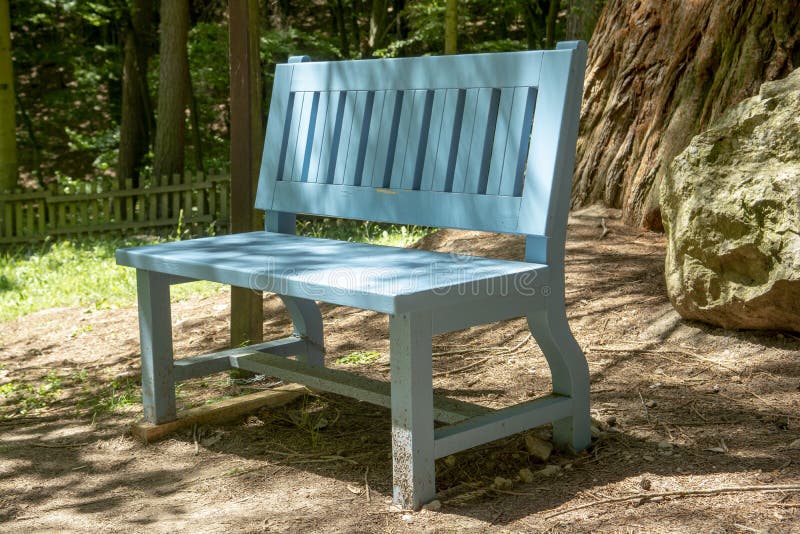 Empty Light Blue Wooden Bench in the Park with the Sequoia Tree in the ...
