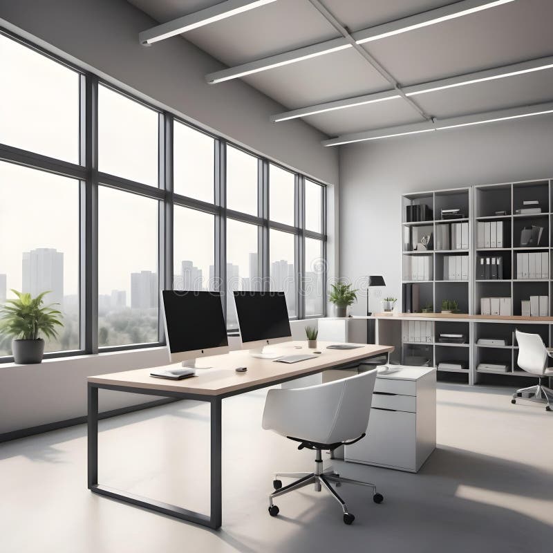An Empty Light Modern Office Interior with Panoramic Windows. AI ...
