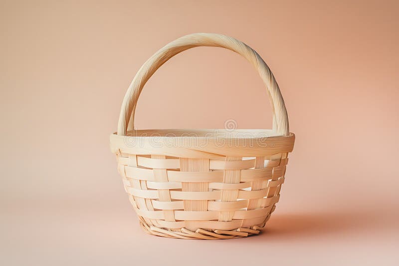 Empty Light Wood Wicker Basket with Handle on Peach Background Stock ...