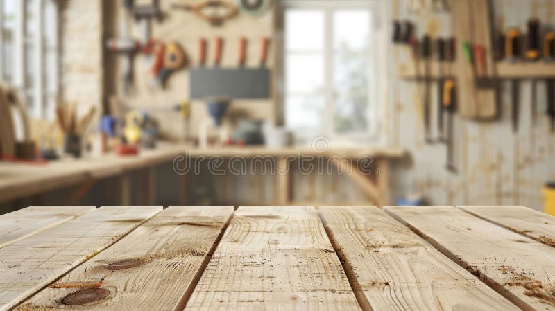 Empty Light Wooden Table. Carpentry Workshop. Blurred Background Stock ...