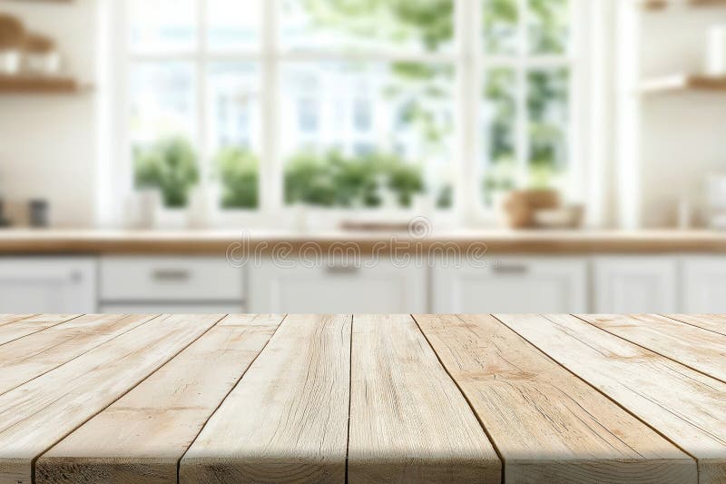 Empty Light Wooden Table in Front of Blurry Modern Kitchen. Window with ...