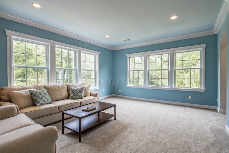 Empty Living Room with Blue Tones Wall Stock Image - Image of blank ...