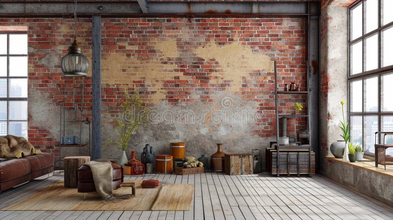 Empty Living Room in Industrial Style with Decor Objects and Brick Wall ...