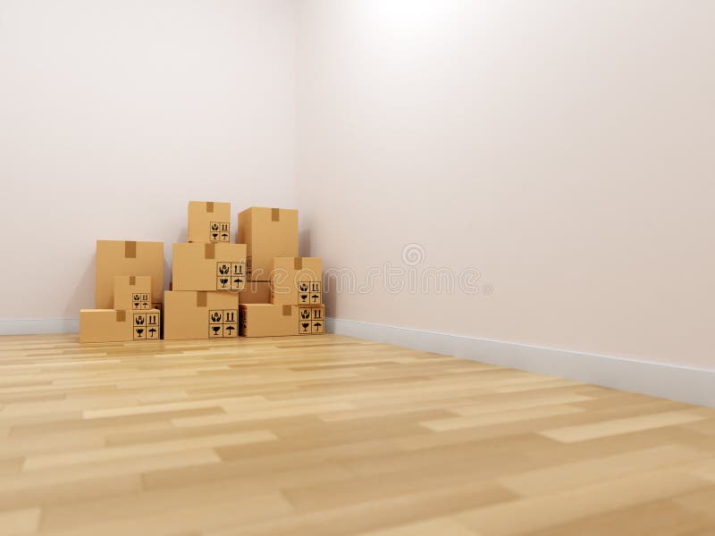 Empty Living Room with Parquet Floor and Stack of Moving Boxes Stock ...