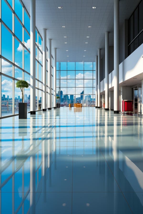 Empty Lobby with Large Windows and View of the City. Generative AI ...