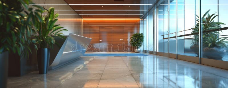 Empty Lobby with Plants and Staircase Stock Photo - Image of desk ...