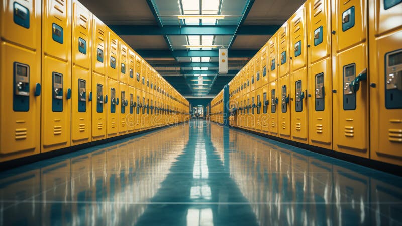 Empty Locker Room with Blue and Yellow Lockers in a Row Stock ...
