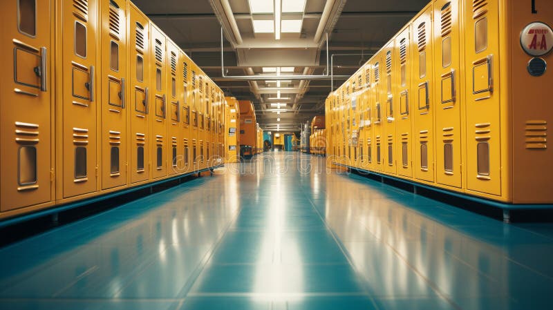 Empty Locker Room with Blue and Yellow Lockers in a Row Stock ...
