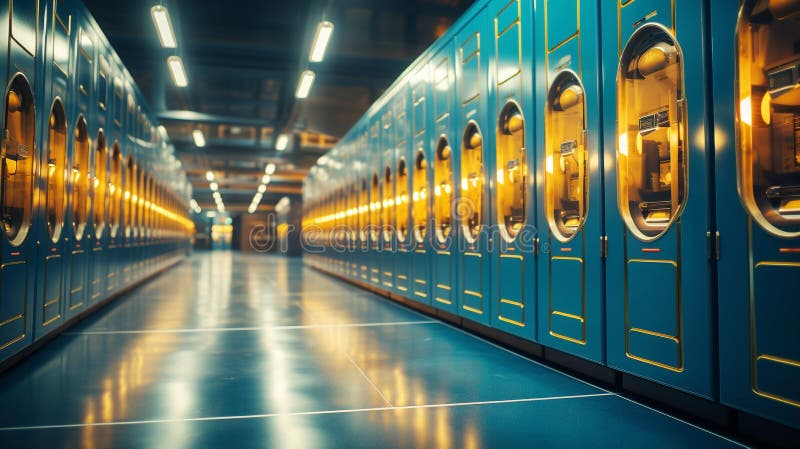 Empty Locker Room with Blue and Yellow Lockers in a Row Stock ...
