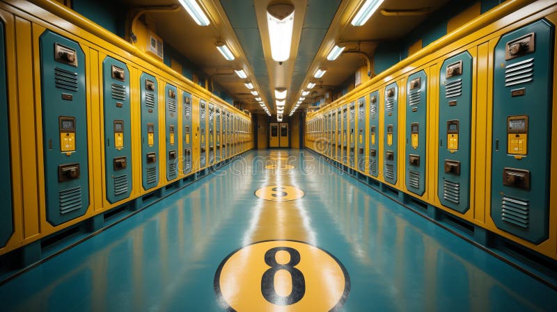 Empty Locker Room with Blue and Yellow Lockers in a Row Stock Image ...