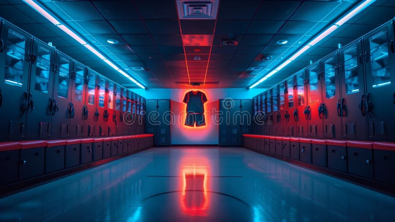 Empty Locker Room with Red and Blue Neon Lights Stock Photo - Image of ...
