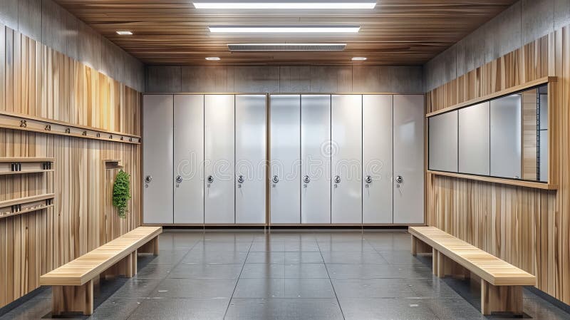 Empty Locker Room with Wooden Benches and Lockers Stock Illustration - Illustration of changing ...