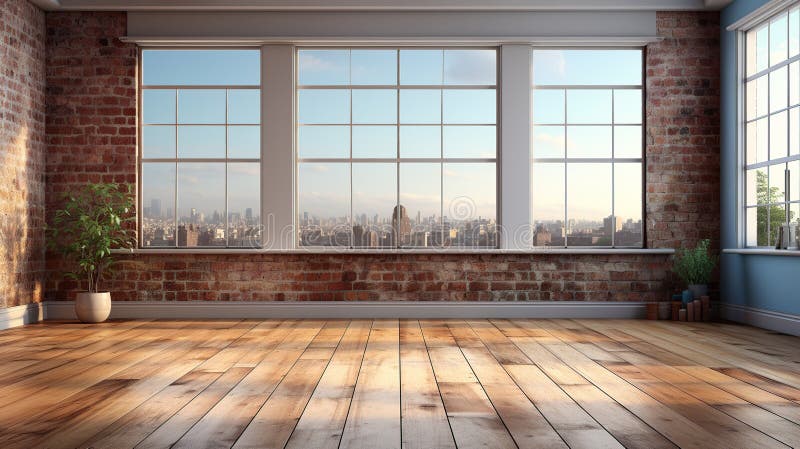 Empty Loft Apartment with Large Windows Overlooking Cityscape Stock ...