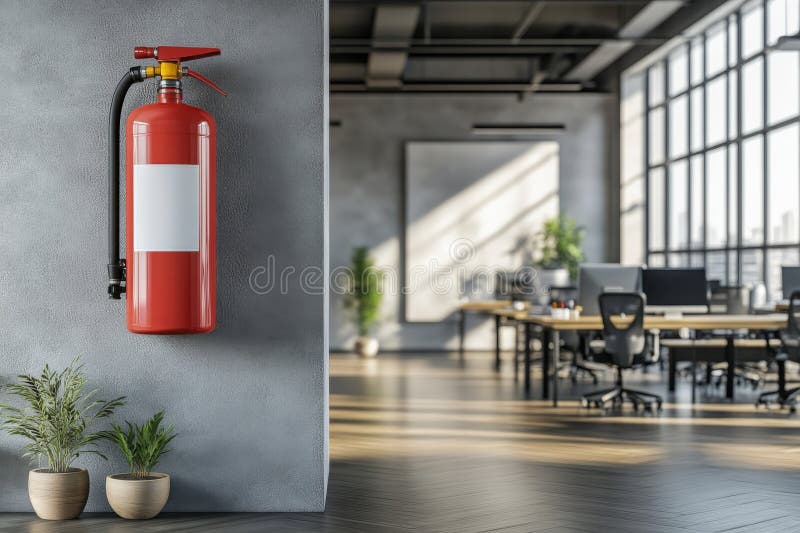 Empty Loft Area with Desks, Large Windows and Mounted Red New Fire ...