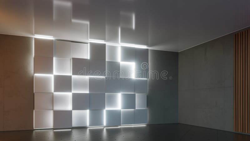 Empty Loft Interior Room with Modern Wall of Glow Cubes Shapes Stock ...