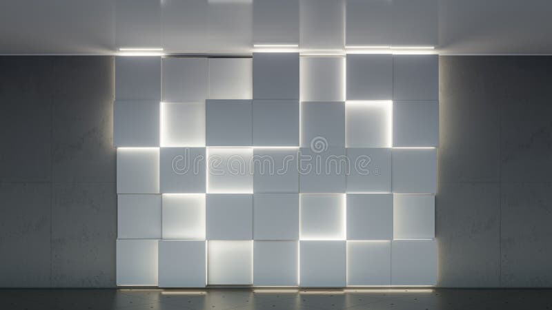 Empty Loft Interior Room with Modern Wall of Glow Cubes Shapes Stock ...