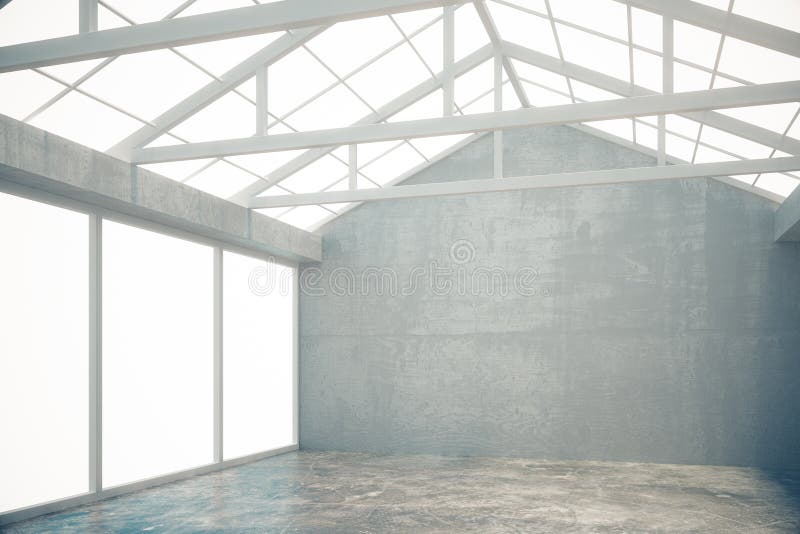 Empty Loft Interior Room with Windows in Floor, Grey Walls and C Stock ...
