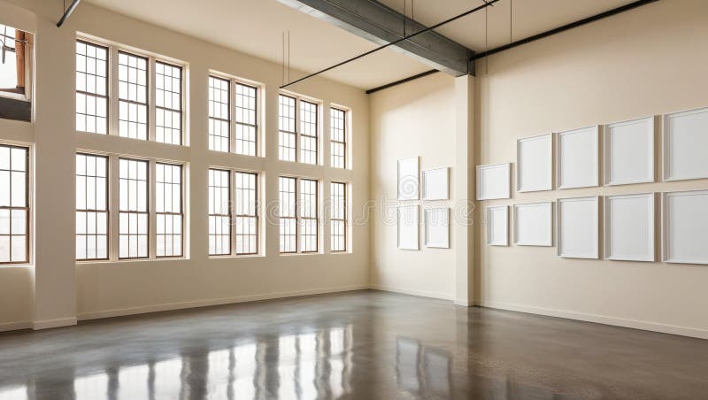 Empty Loft with Large Windows and Blank Frames Stock Illustration ...