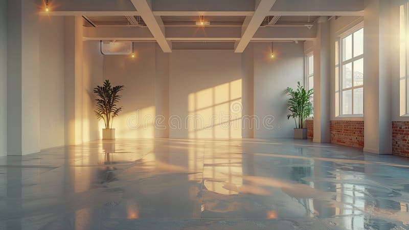 Empty Loft Space with Large Windows, Sunlight Streaming through, and ...