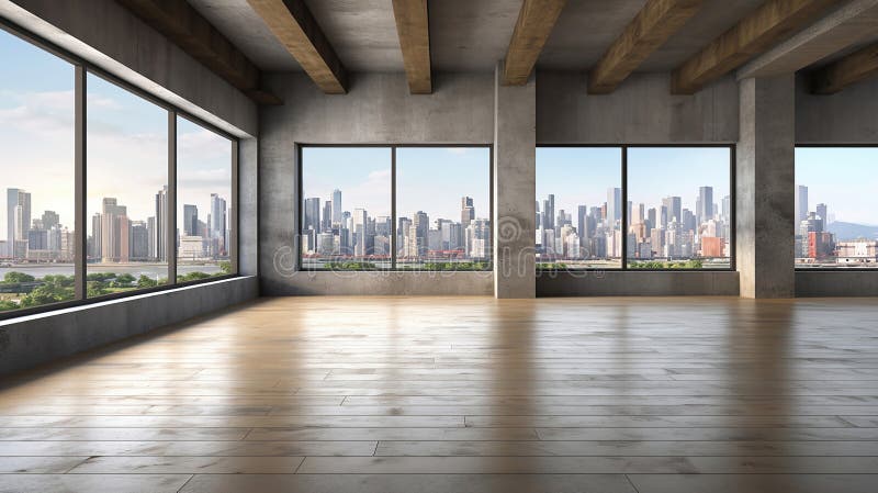 Empty Loft Style Room with Concrete Floor and City View. Generative Ai ...