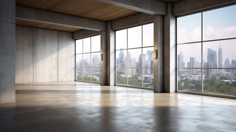 Empty Loft Style Room with Concrete Floor and City View. Generative Ai ...
