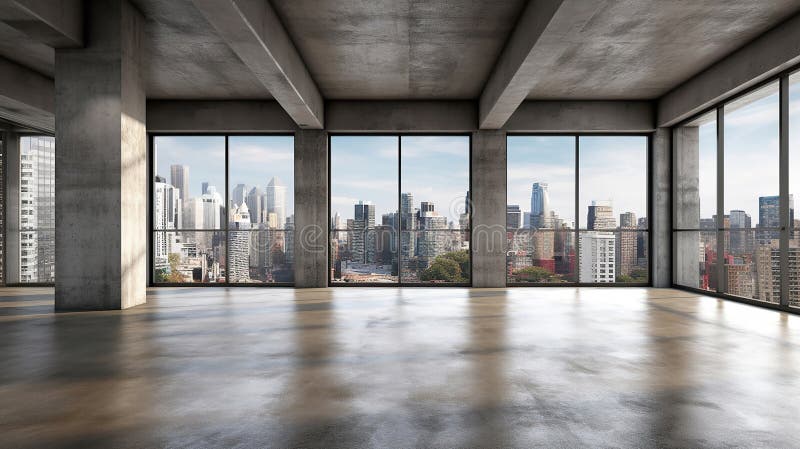 Empty Loft Style Room with Concrete Floor and City View. Generative Ai ...