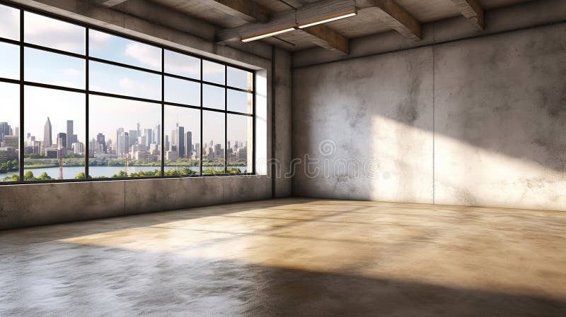 Empty Loft Style Room with Concrete Floor and City View. Generative Ai ...