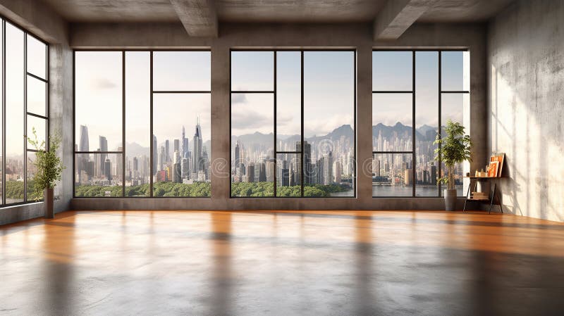 Empty Loft Style Room with Concrete Floor and City View. Generative Ai ...