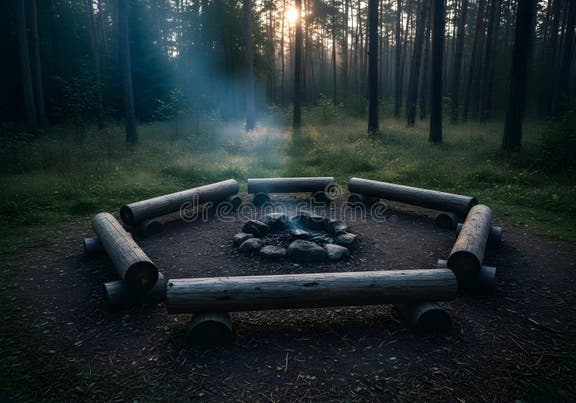 Empty Log Seats Around Extinguished Campfire Stock Illustration ...