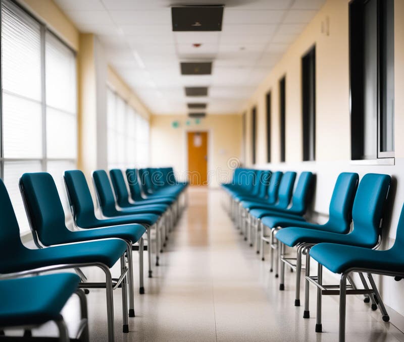 Empty, Long, Hospital White Corridor with a Row of Empty Chairs ...
