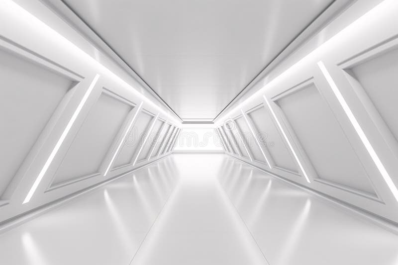 Empty Long Light Corridor, Futuristic Modern White Sci-Fi Triangle ...