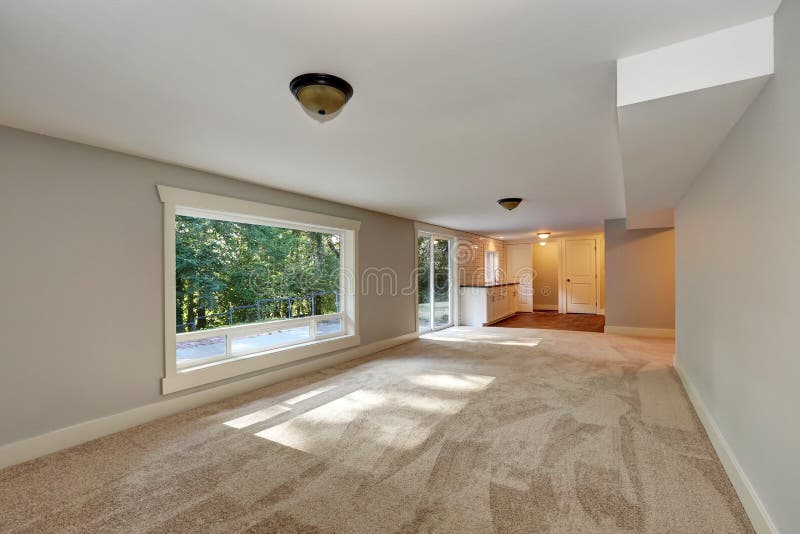 Empty Long Living Room Interior with Carpet Floor and Fireplace. Stock ...