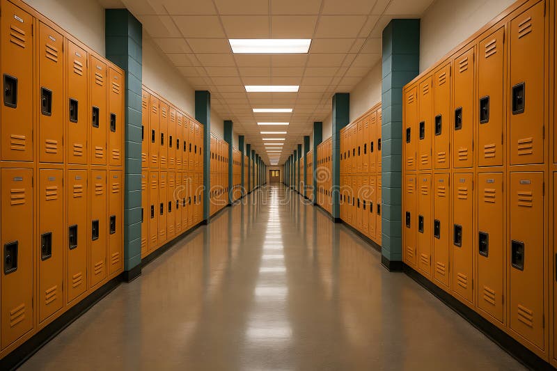 An Empty, Long School Hallway is Lined with Rows of Orange Lockers, Illuminated by Overhead ...