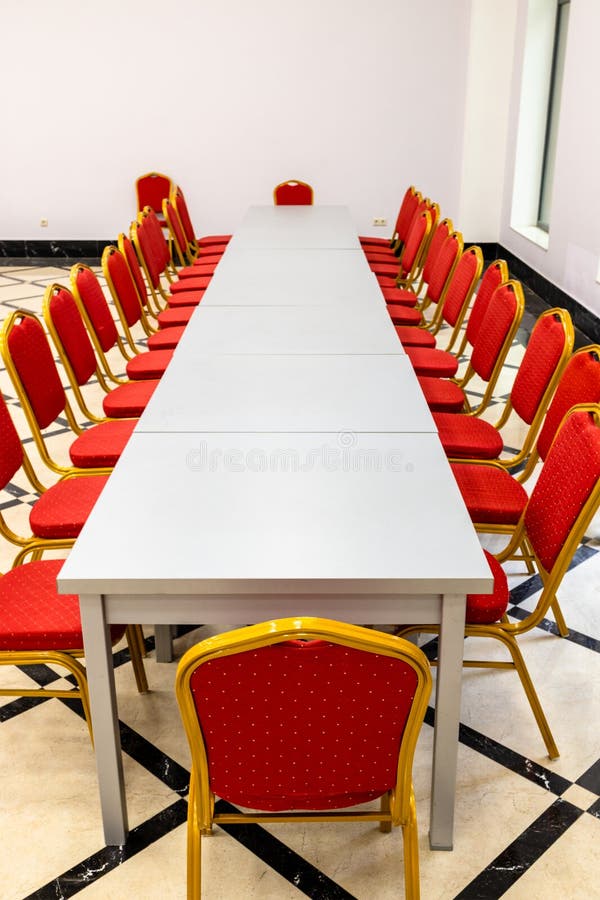 Empty Long Table Assembled from Gray Wooden Tables Stock Photo - Image ...