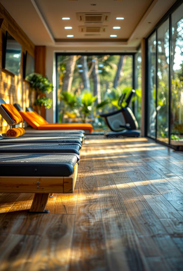 Empty Lounge Chairs in Spa. Treadmills in Modern Gym with Large Windows ...
