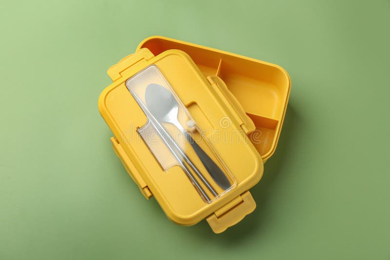 Empty Lunch Box with Cutlery on Green Background, Top View Stock Image ...