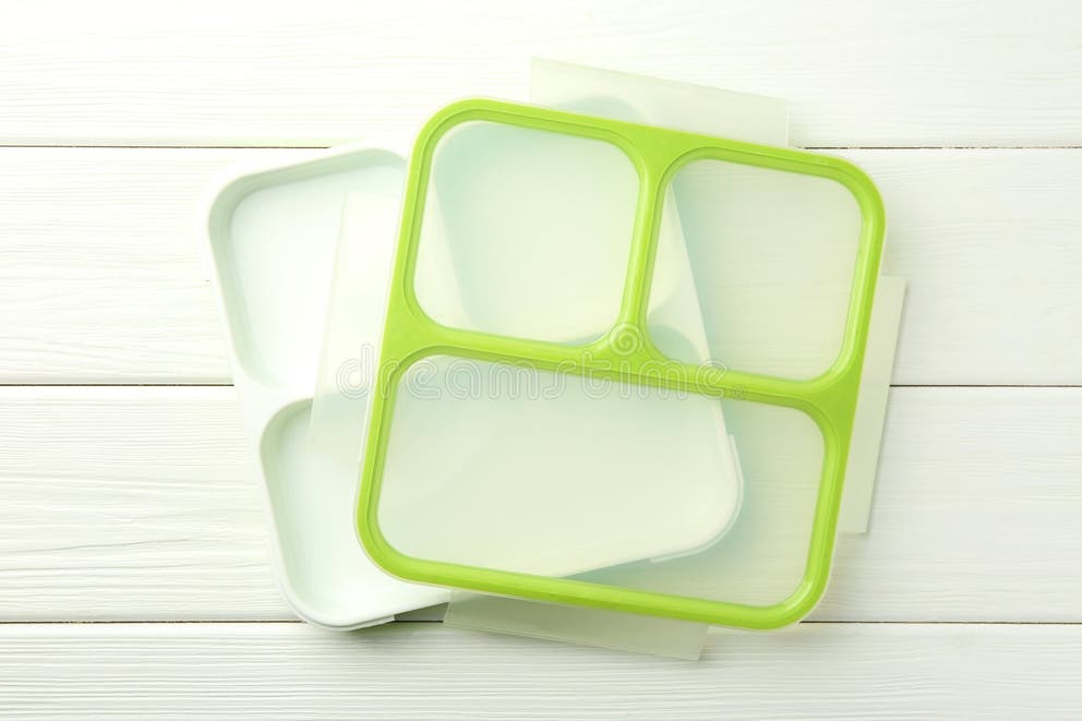 Empty Lunch Box on White Wooden Table, Top View Stock Image - Image of ...