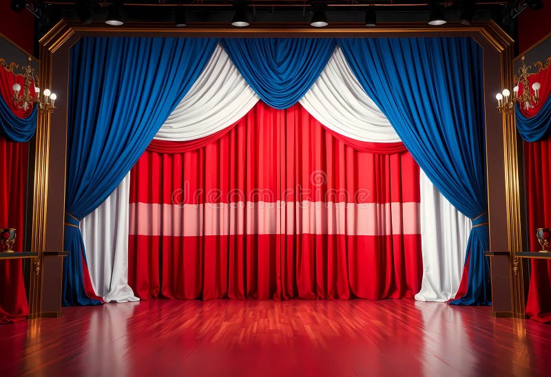 The Luxurious Stage Has Beautiful Red, White and Blue Curtains. Stock ...