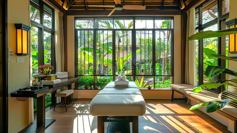 Empty Luxurious Thai Spa Treatment Room with a View of Lush Greenery ...