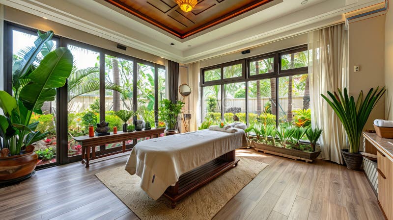 Empty Luxurious Thai Spa Treatment Room with a View of Lush Greenery ...