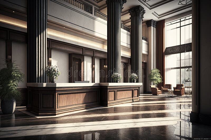 Empty Luxury Hotel Reception Desk, with the View of Empty Lobby and ...
