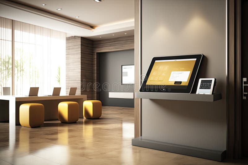 Empty Luxury Hotel Reception with Sleek Modern Design and Tablet for ...